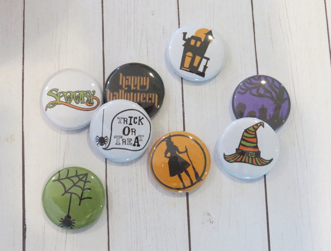 Halloween Flair Buttons Set of 8, 1 Inch Haunted Grave Yard Witch Hat ...