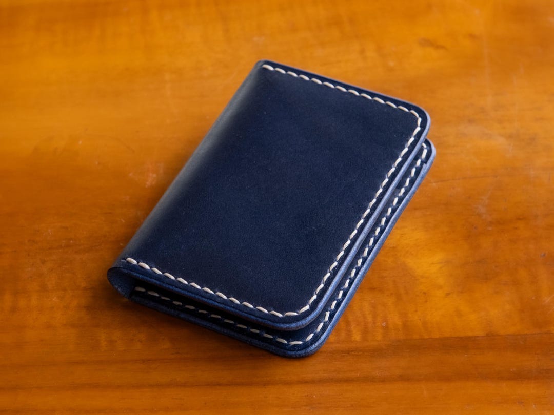 Vertical Blue Pull up Leather Wallet, Navy, Front Pocket, Handmade ...