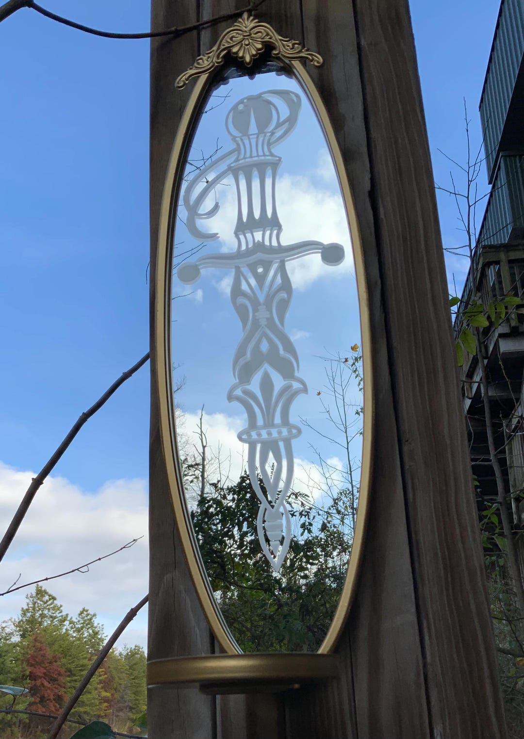 Ornate Dagger Etched Into 18” Oval Mirrored Wall Sconce - Etsy