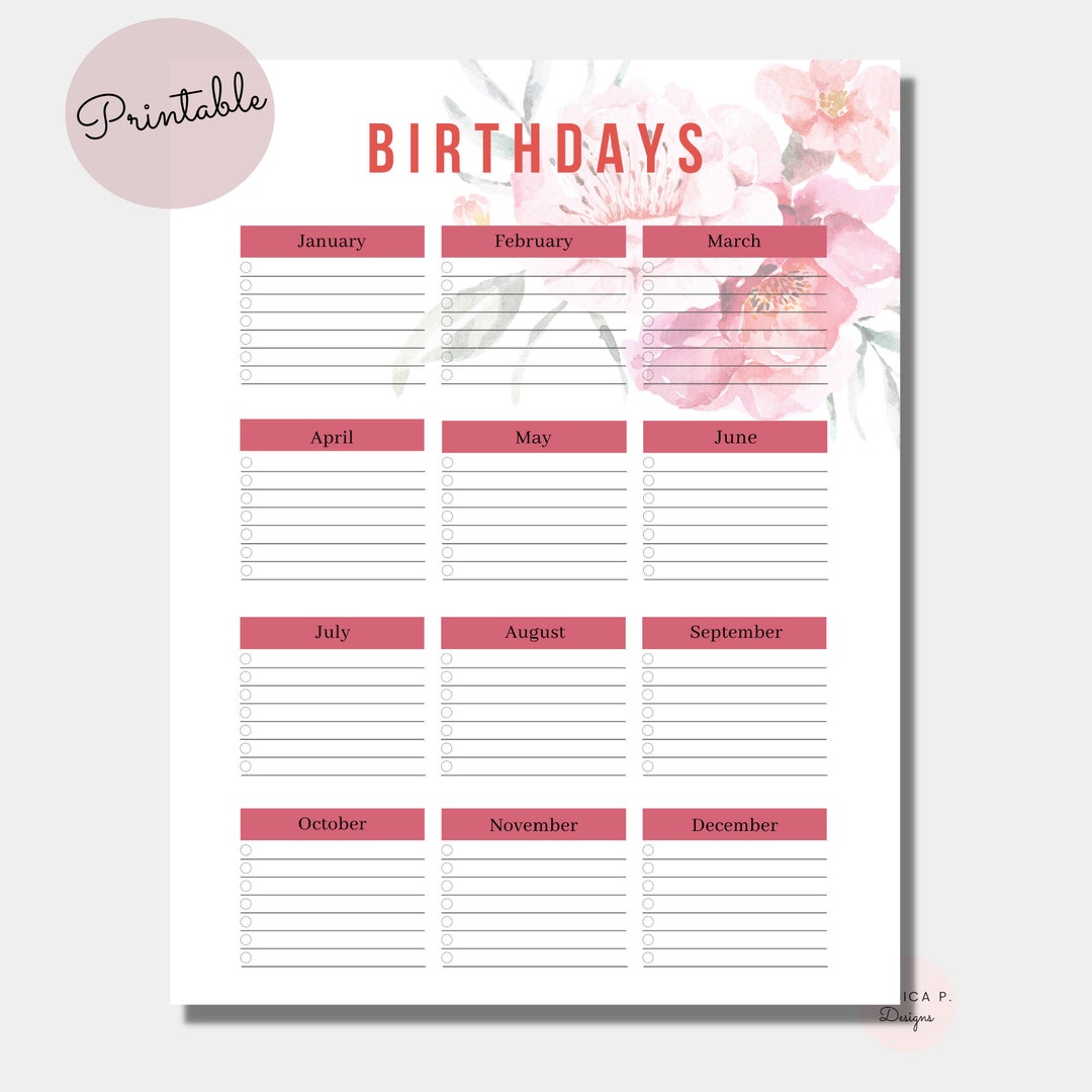 Birthday Calendar, Birthday Reminder, Tracker, Birthday Log, Important ...