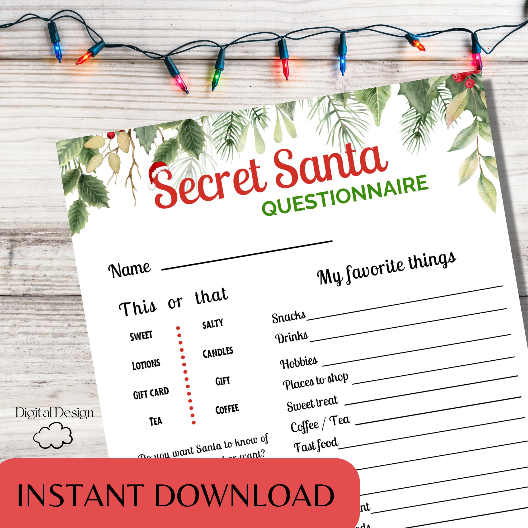 Secret Santa PRINTABLE , Holiday Gift Exchange Form, Sign up Sheet ...