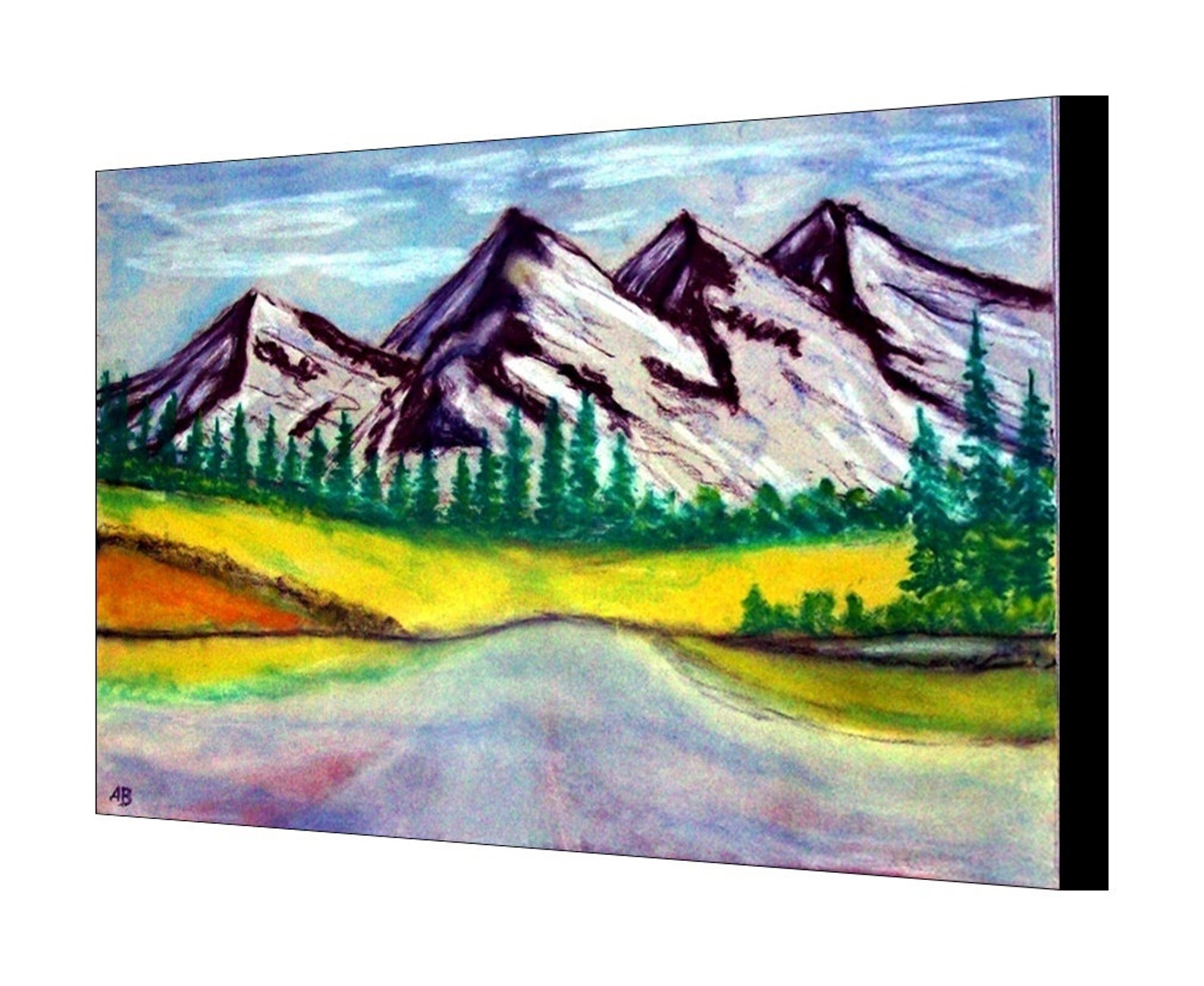 2019#01_mountain Lake, Pastel Painting, Mountains, Snow, Hills, Trees ...