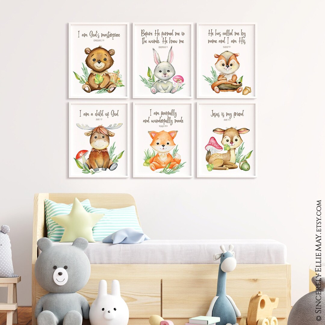 Nursery Decor Christian Wall Art, Bible Verse for Kids, Cute Woodland ...