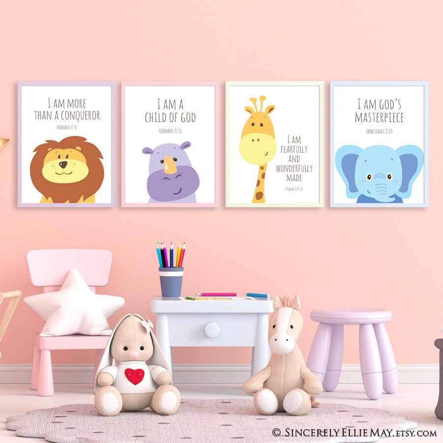 Kids Safari Animals Nursery Bible Verse Wall Art Sunday School | Etsy