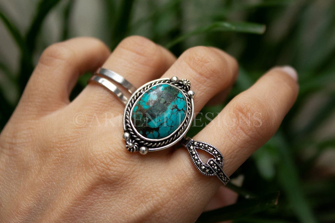 Turquoise Ring, Natural Turquoise Sterling Silver Ring, Boho Ring ...