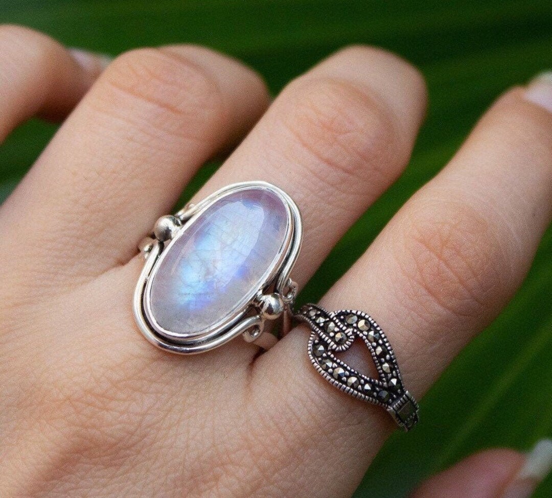 Anillo de piedra lunar, anillo de plata de ley 925, anillo de piedras preciosas de piedra lunar ...