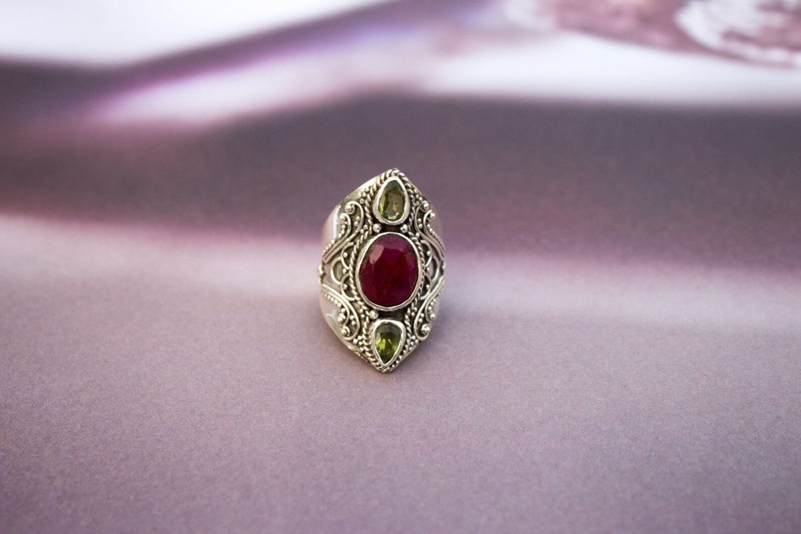 Ruby Peridot Ring Red Ruby Gemstone Sterling Silver Ring - Etsy