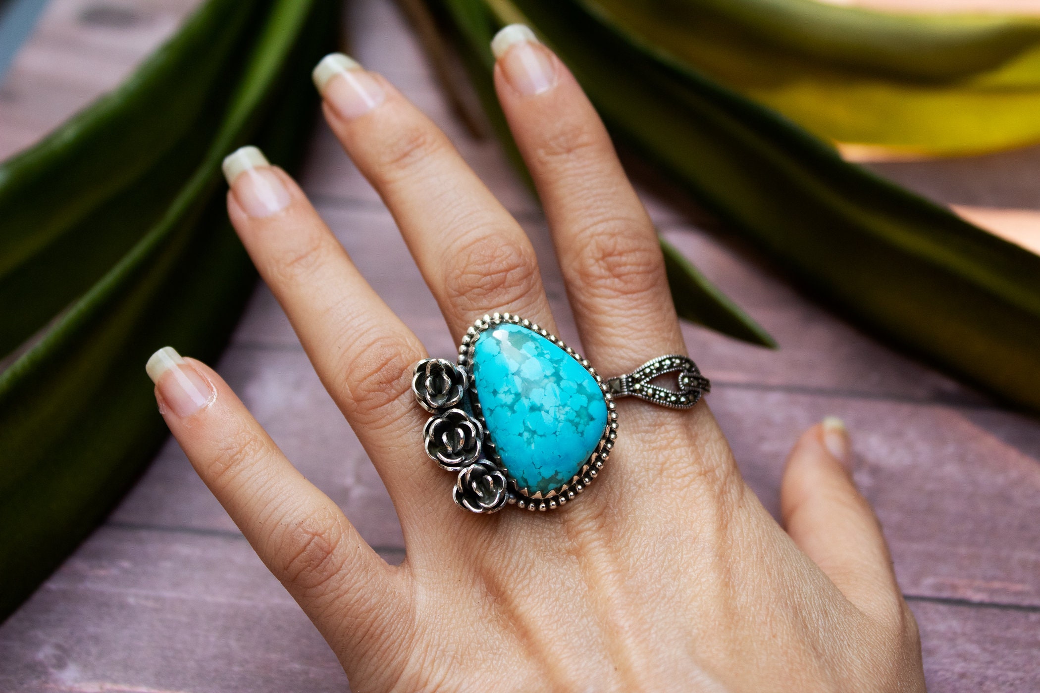 Turquoise Ring Turquoise Flower Ring Natural Turquoise | Etsy