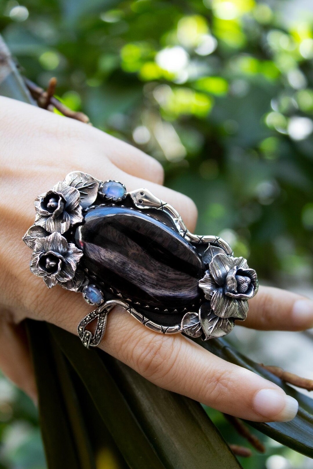 Black Hypersthene Ring Sterling Silver Ring, Statement Witchy Ring ...