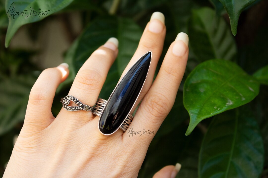 Black Onyx Ring, Black Onyx Gemstone Sterling Silver Ring, Statement ...