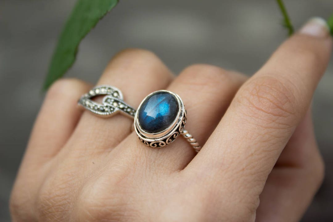 Labradorite Ring, Natural Blue Flash Labradorite Sterling Silver Ring ...