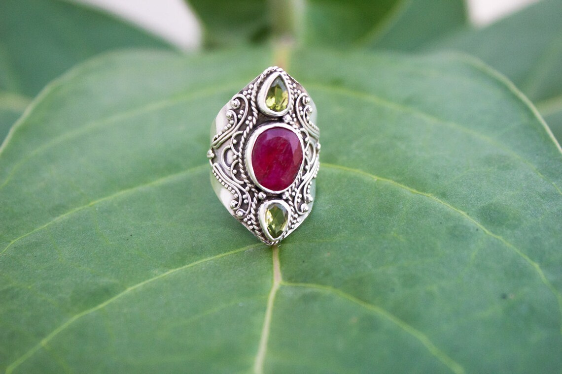 Ruby Peridot Ring Red Ruby Gemstone Sterling Silver Ring - Etsy