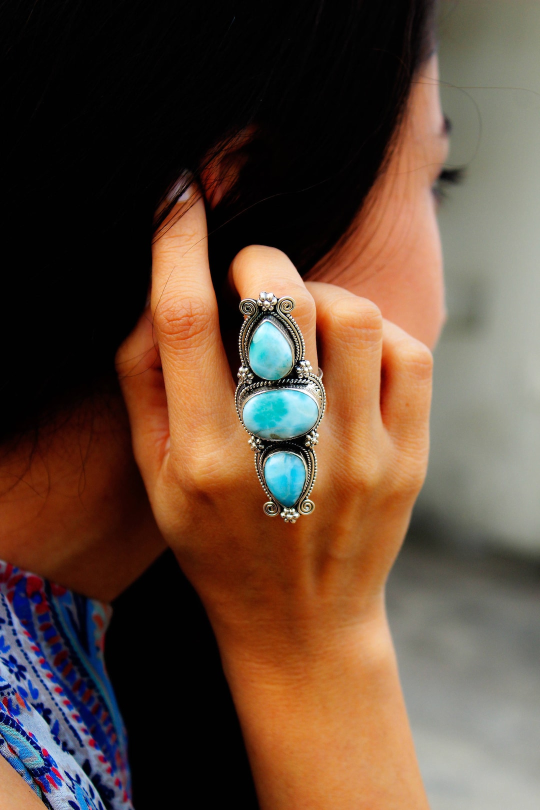 Larimar Ring 925 Sterling Silver Ring Boho Ring Larimar - Etsy