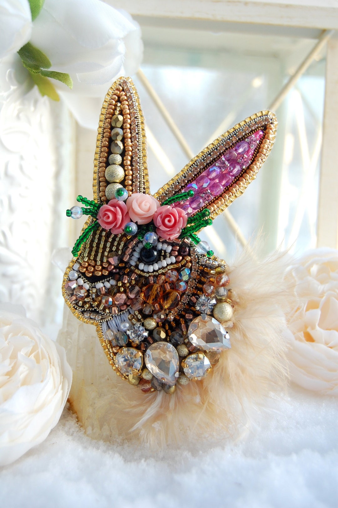 Bunny Brooch, Rabbit Brooch, Bead Embroidered Brooch, Rabbit Bin, Bunny ...