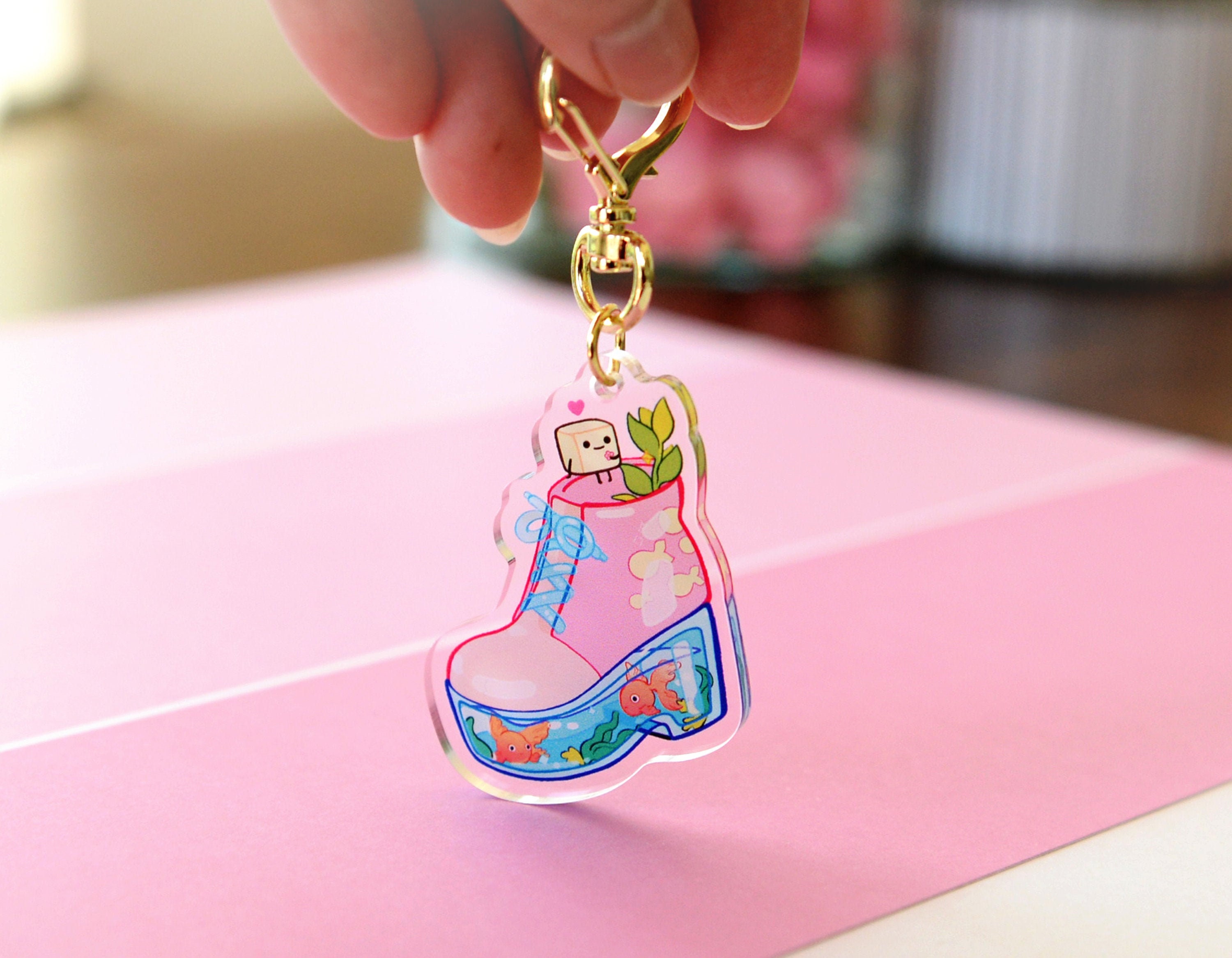 Cute Acrylic Keychain Aquatic Keychain- Goldfish and Plant Charm ...