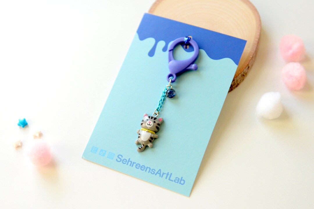 Kawaii Grey Cat Keychain – Red Gemstone Charm, Cat Lover Gift - Etsy