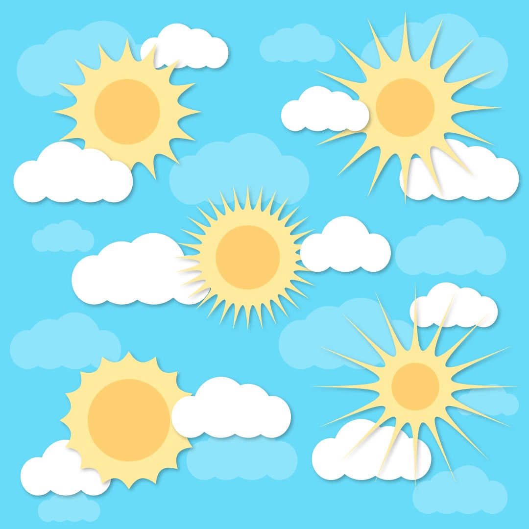 Vector Sun and Cloud Collection, Watercolor Weather Clip Art, Sun ...