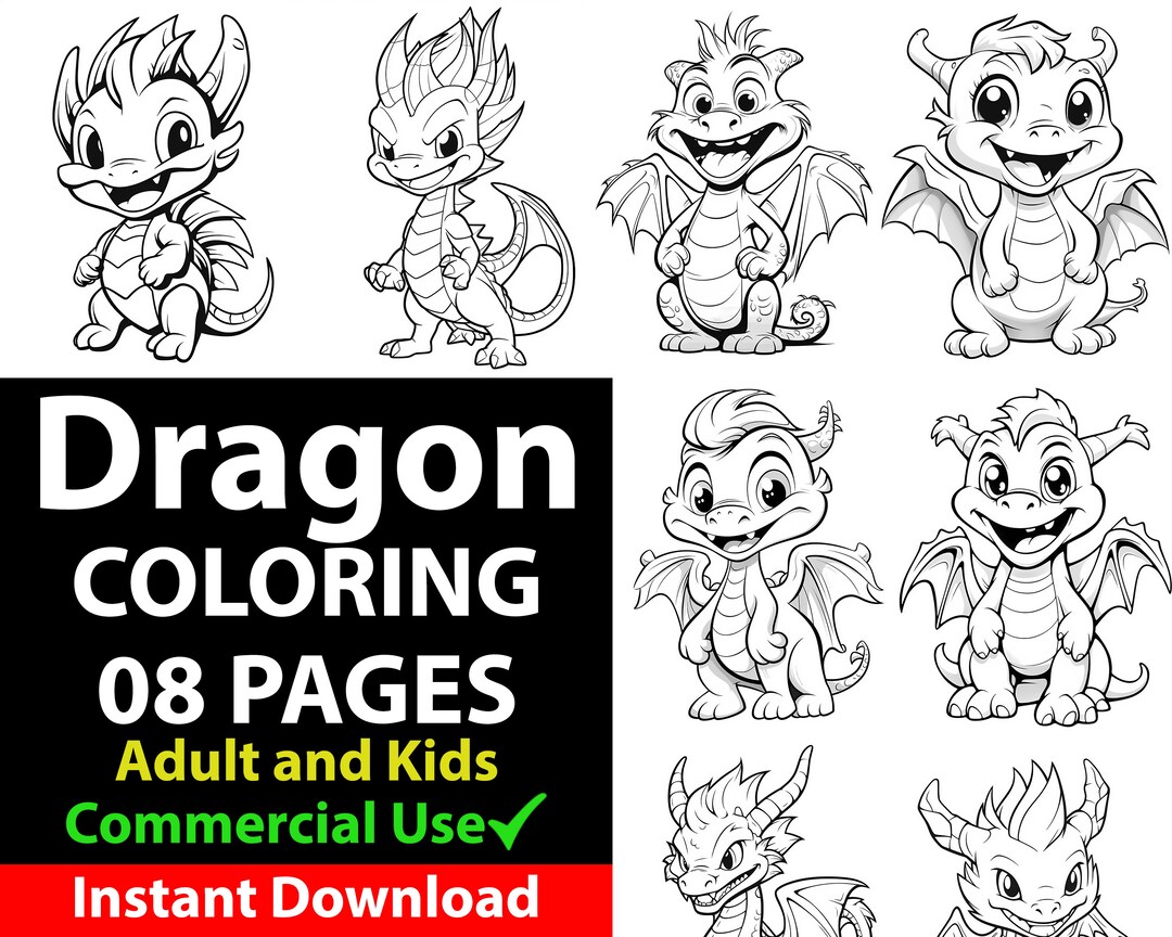 08 Cute Dragon Fantasy Coloring Pages, Adults + Kids- Instant Download ...
