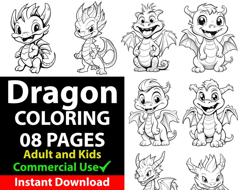 08 Cute Dragon Fantasy Coloring Pages, Adults + Kids- Instant Download ...