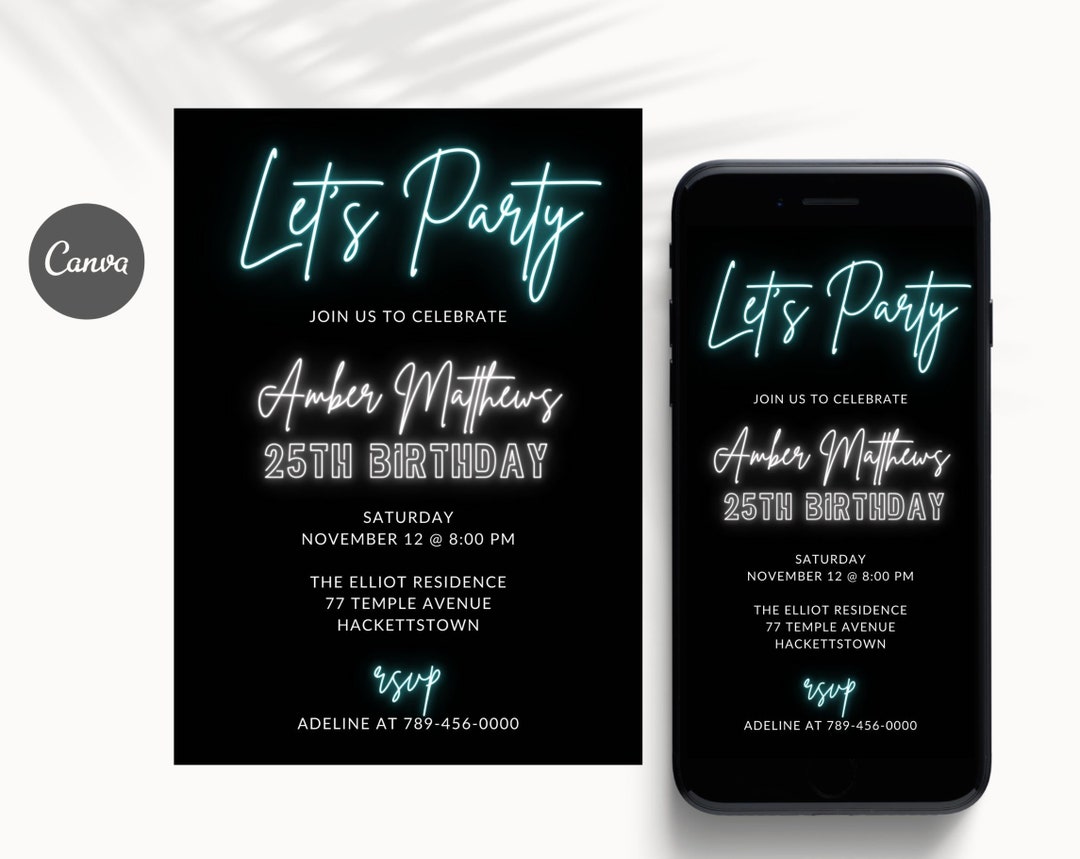 Neon Birthday Invitation, Neon Glow Party Invite, Canva Invitation ...