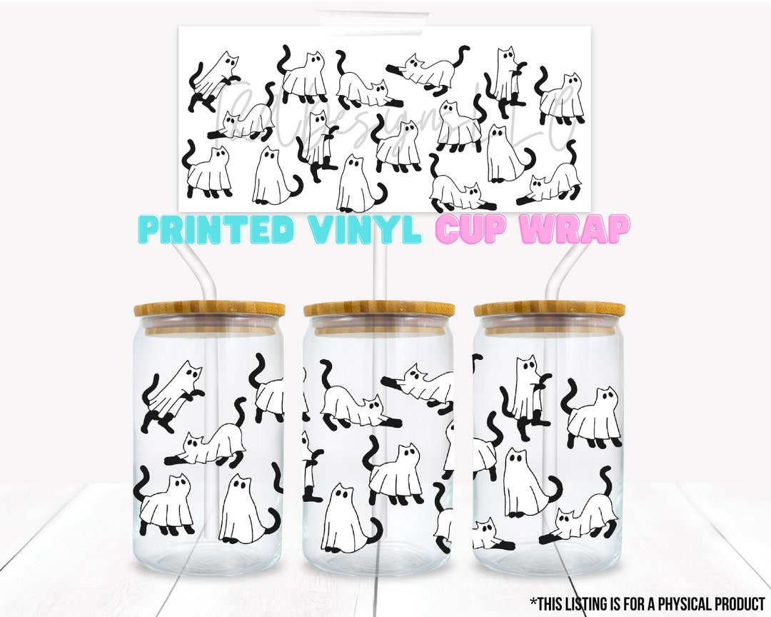 Halloween Ghost Cat Cup Wrap, Ready to Apply Wrap, 16oz Glass Can Wrap ...