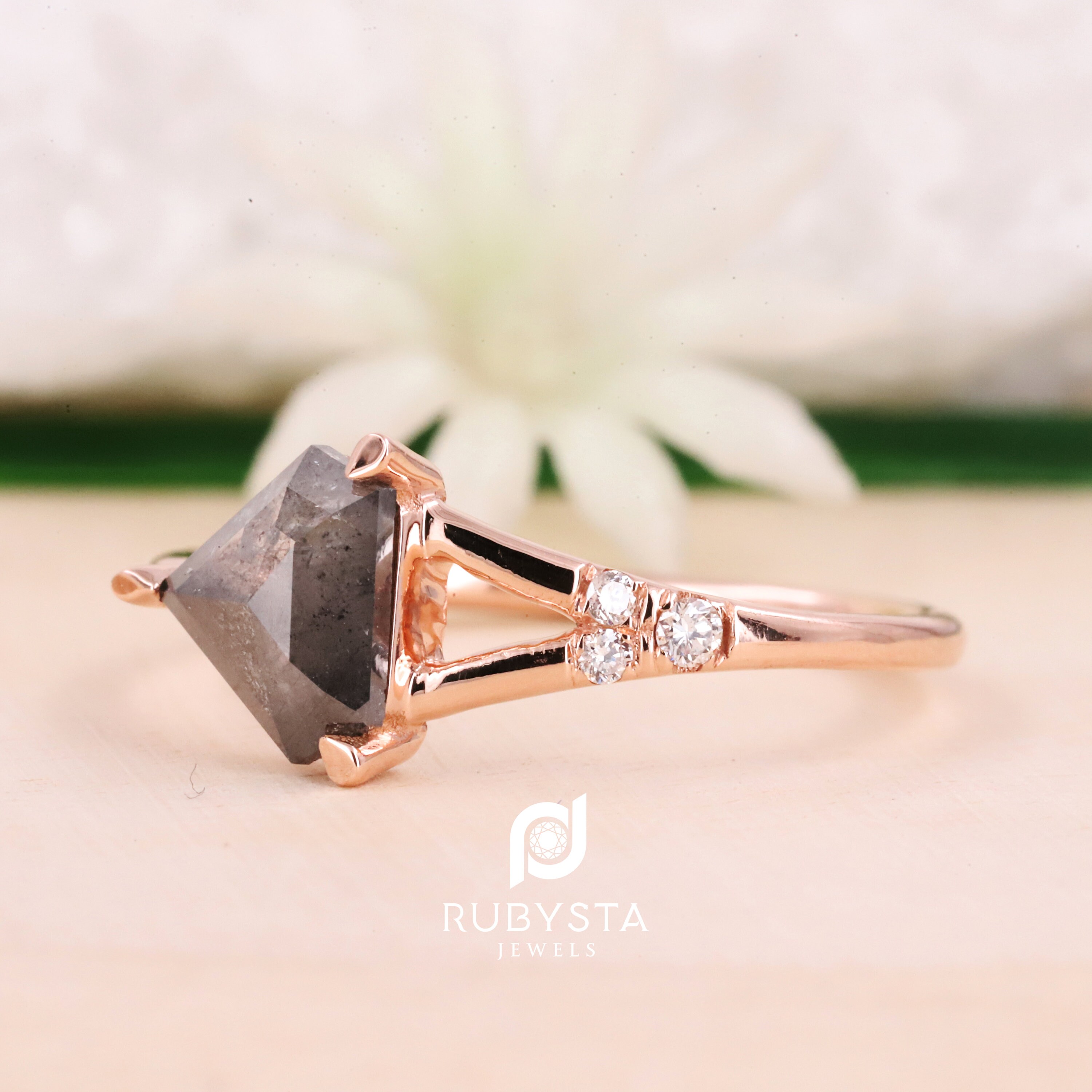 Salt and Pepper Pentagon Diamond Ring Engagement Ring | Etsy