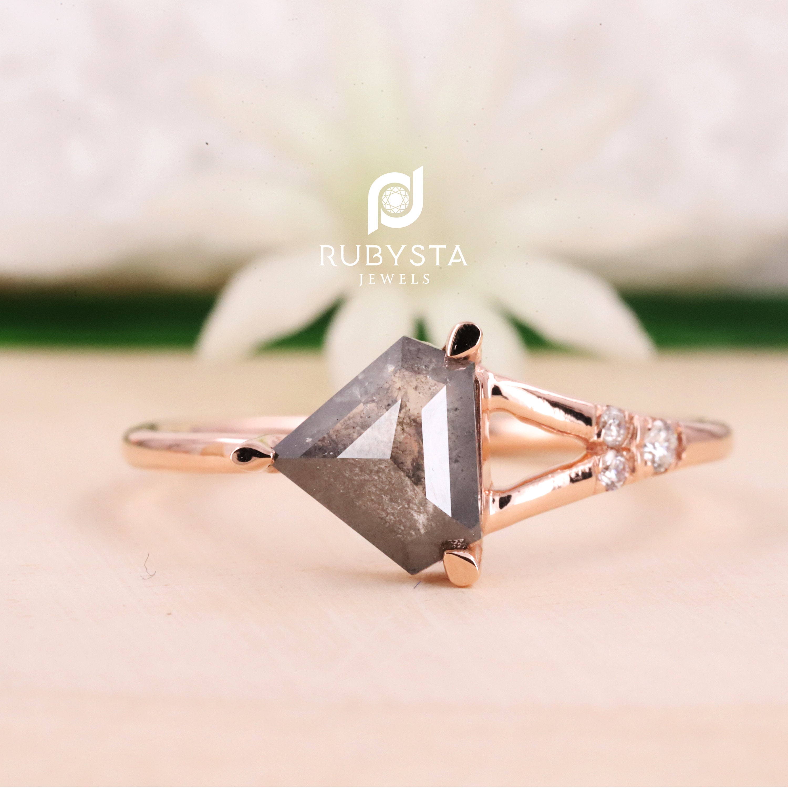 Salt and Pepper Pentagon Diamond Ring Engagement Ring | Etsy