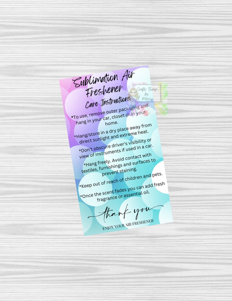 Printable Sublimation Car Freshener Care Card, Car Freshie Care Card - Etsy
