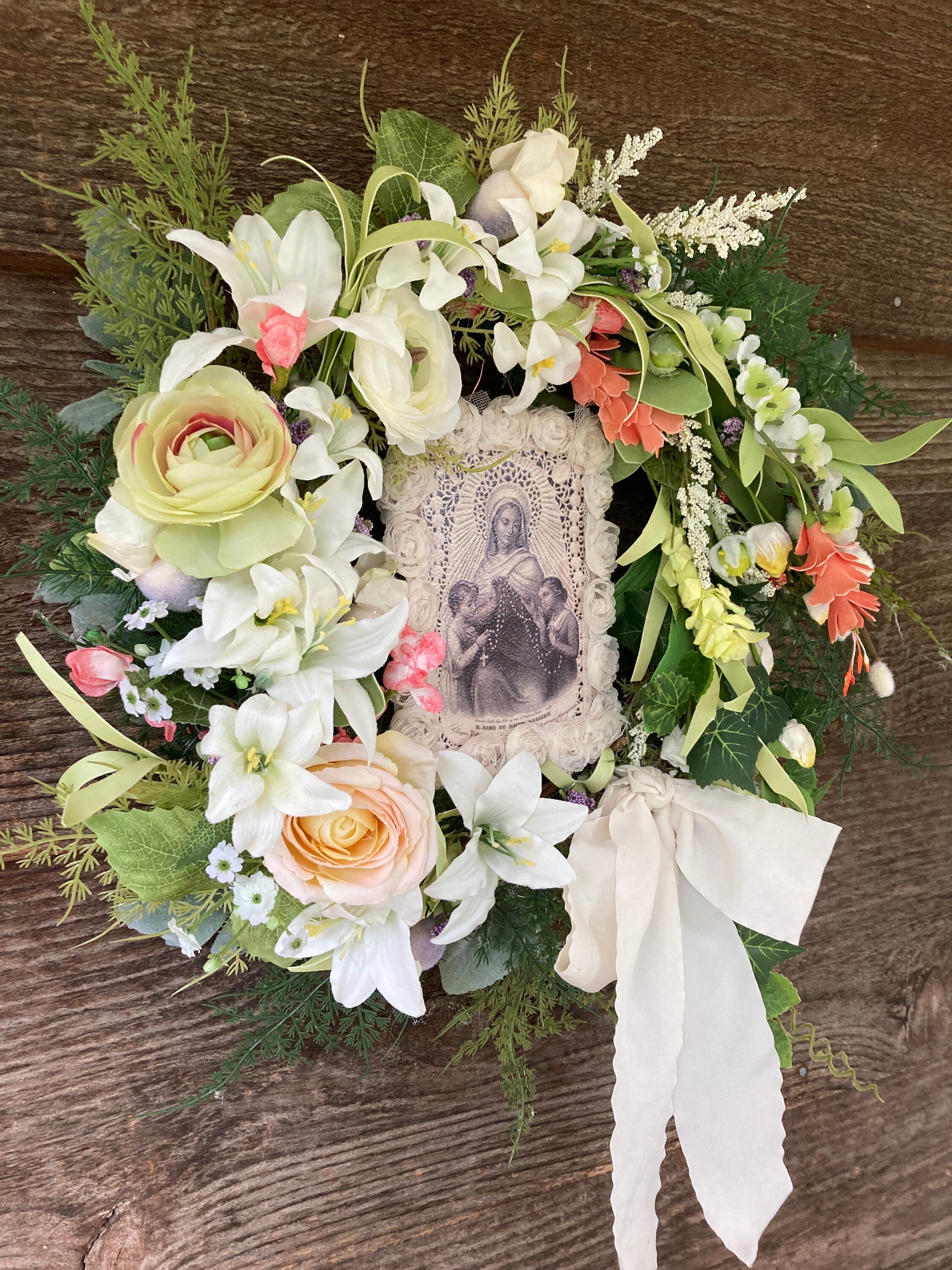 Our Lady of the Rosary Wreath, Vintage Lace Holy Card, Floral Catholic ...