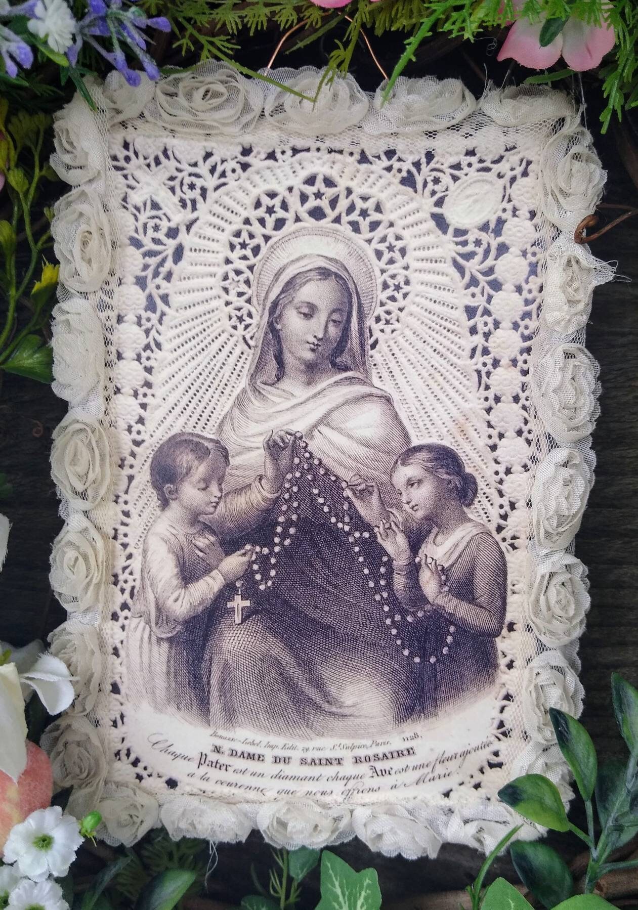 Our Lady of the Rosary Wreath, Vintage Lace Holy Card, Floral Catholic ...