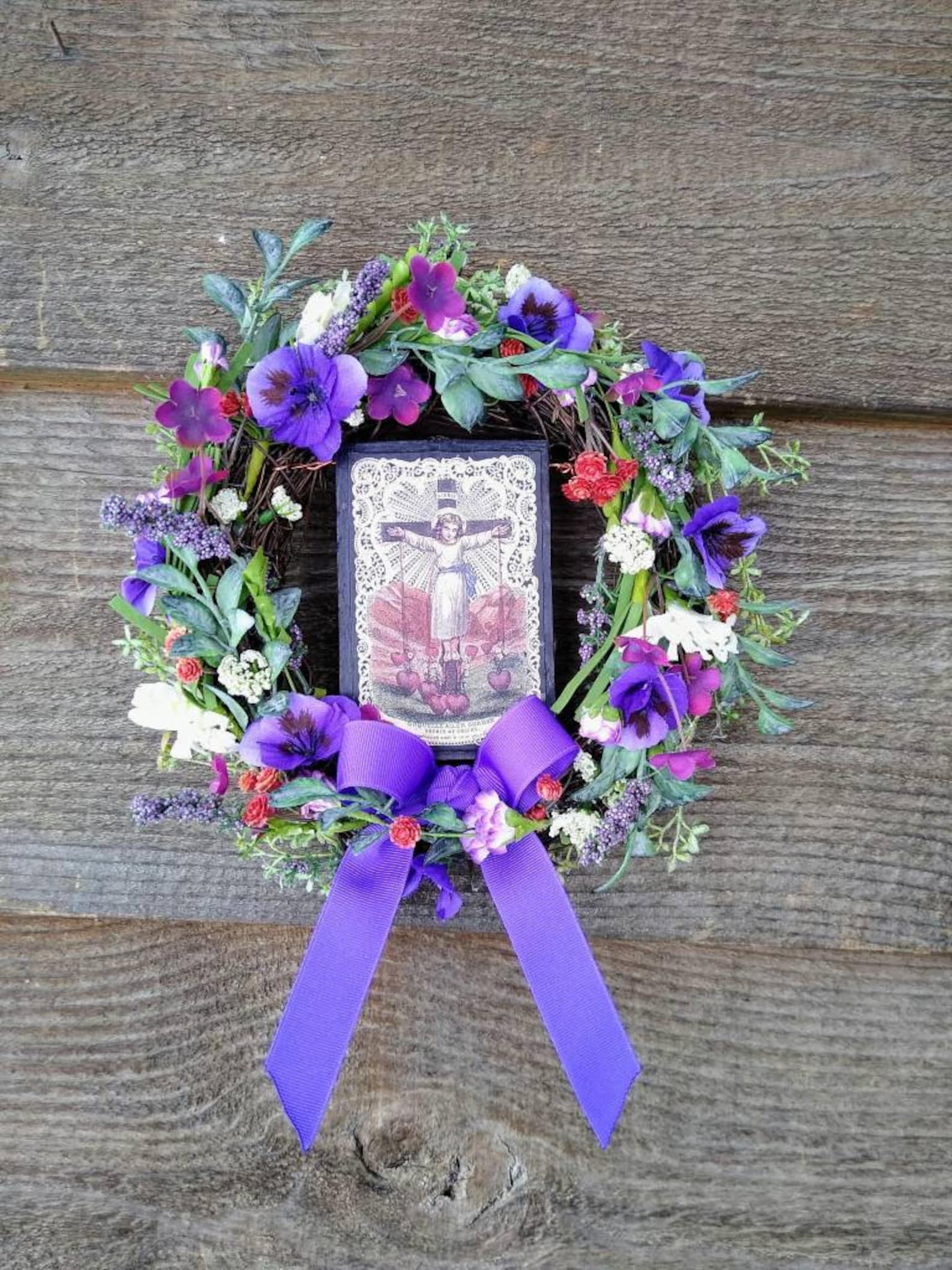 Lenten Floral Wreath, Vintage Holy Card, Catholic Door Decor - Etsy