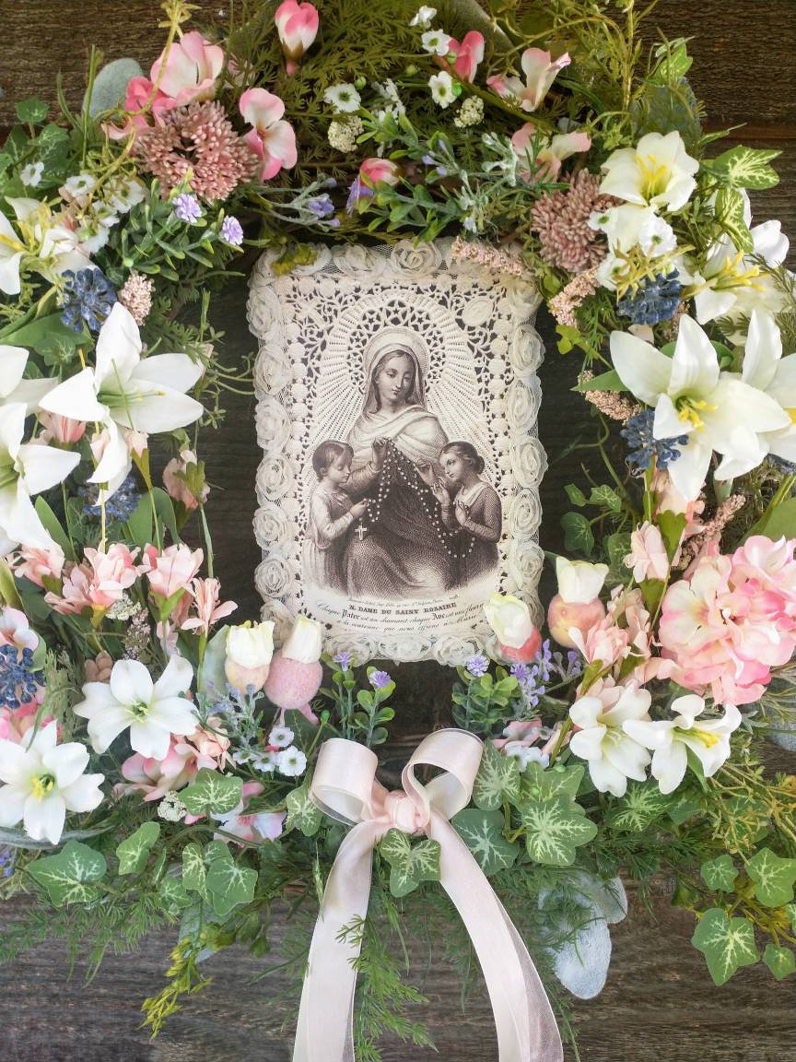 Our Lady of the Rosary Wreath, Vintage Lace Holy Card, Floral Catholic ...