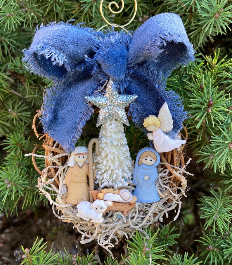 Nativity Handmade Ornament,best Seller,mini Grapevine Wreath Nativity ...