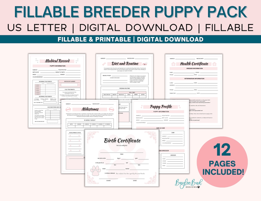 Fillable Breeder Puppy Pack, Breeder Puppy Pack Fillable Forms, Dog ...