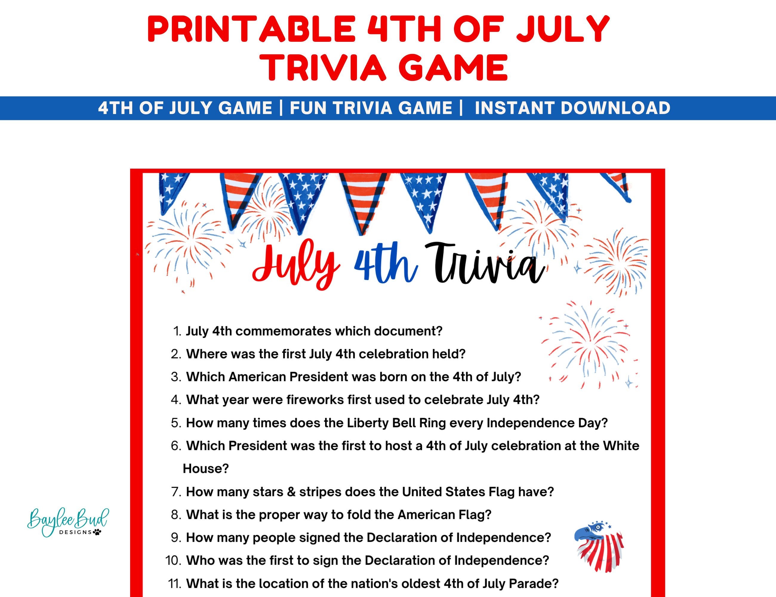 4th of July Trivia Game, July 4th Games, American Trivia, July 4th ...