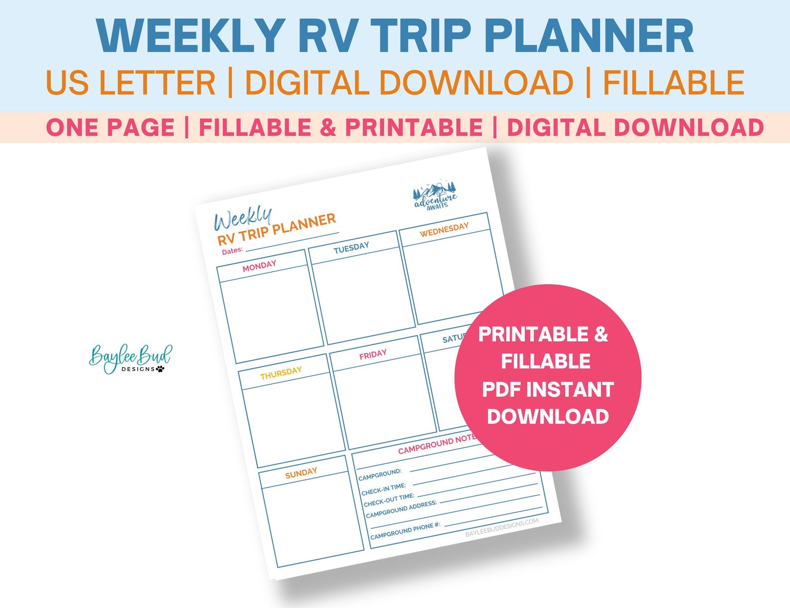 Fillable RV Trip Planner, Fillable Weekly Road Trip Planner, Road Trip ...