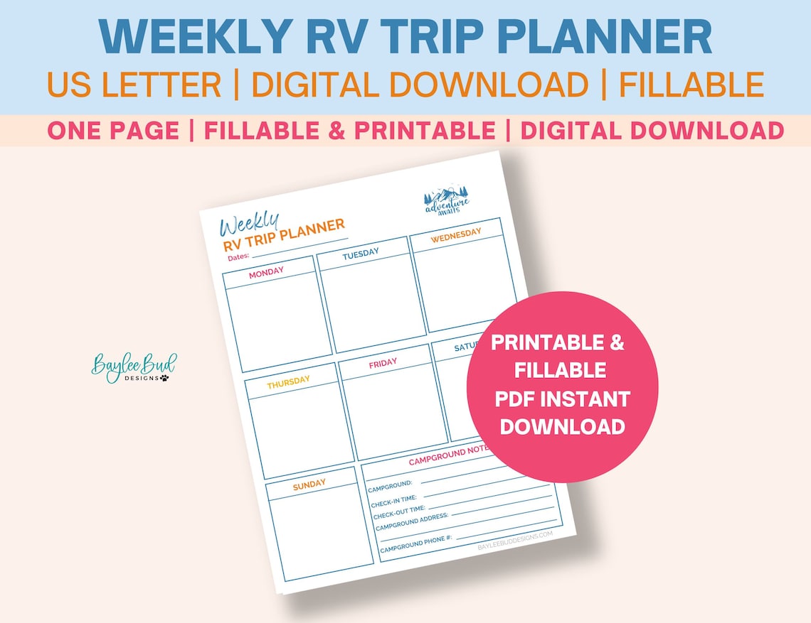 Fillable RV Trip Planner, Fillable Weekly Road Trip Planner, Road Trip ...