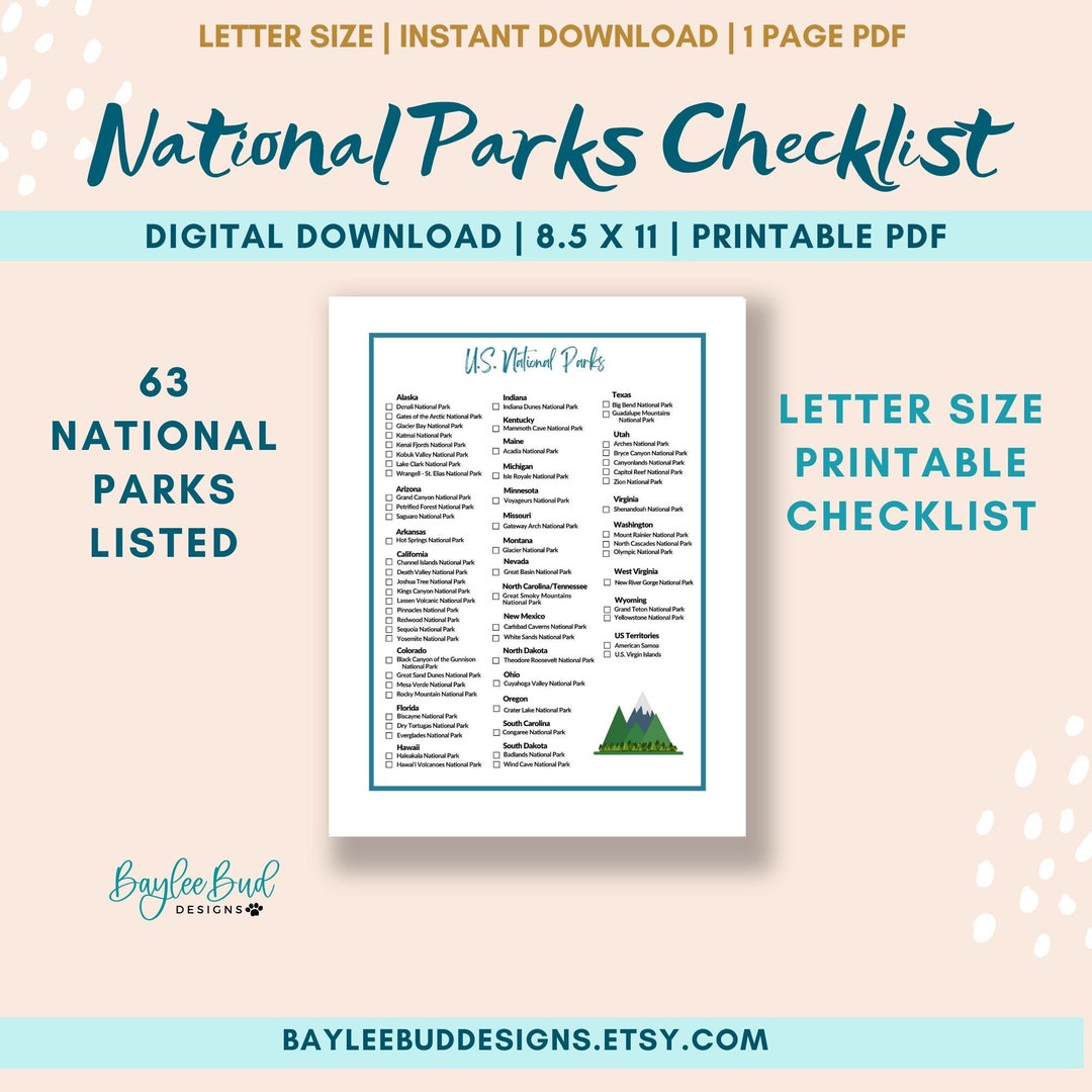 US National Parks Checklist | National Parks Checklist Printable | 63 ...