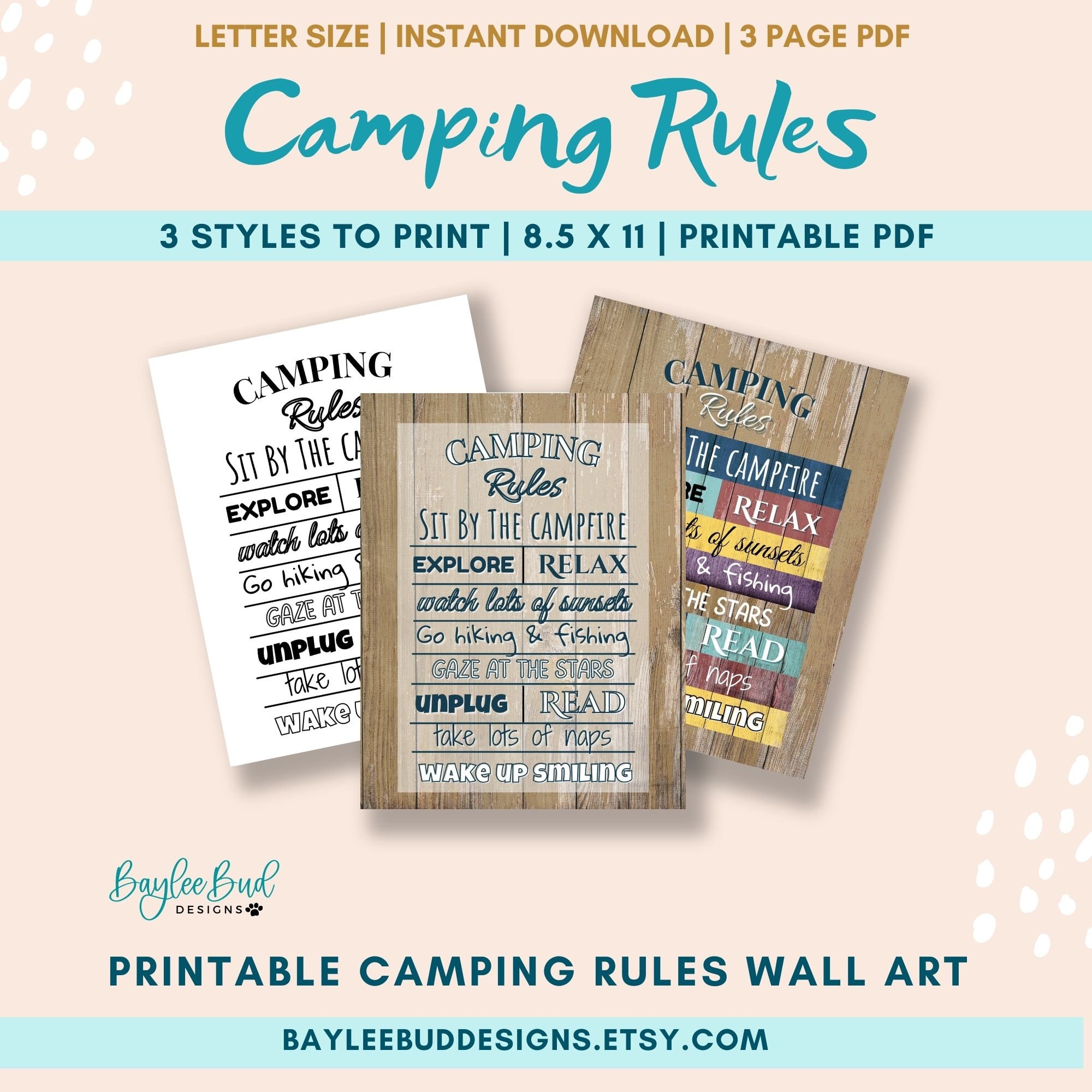 Camping Rules Printable, Camping Wall Art, Camping Sign, Camper Decor ...