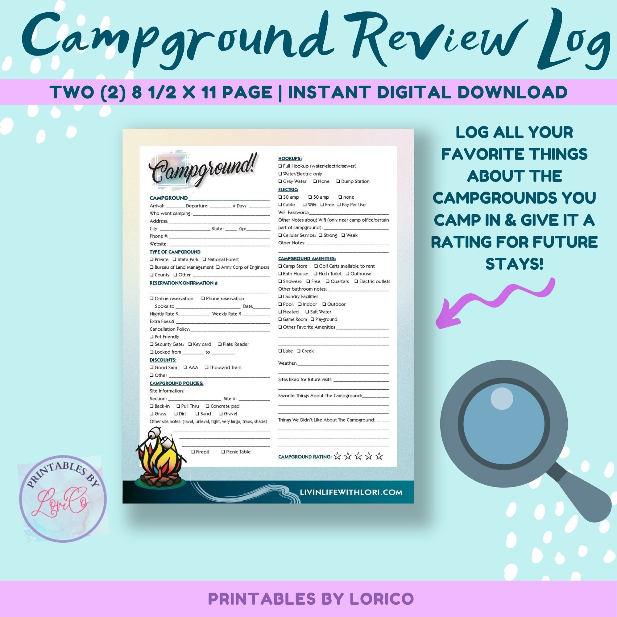 Campground Log, Camping Printable, Printable Campground Log, Campground ...