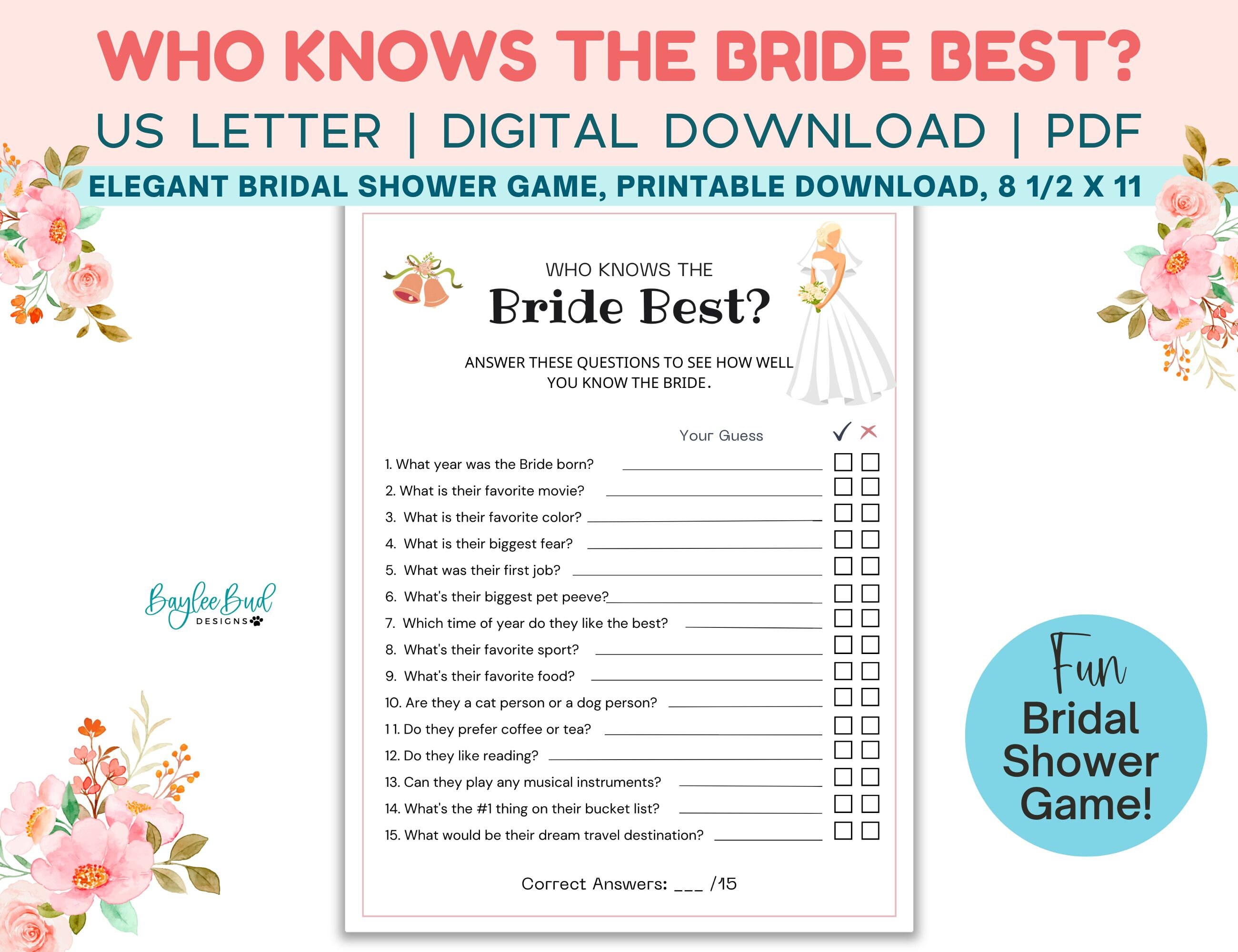 Bridal Shower Game, Who Knows the Bride, Bridal Party Game, Printable ...
