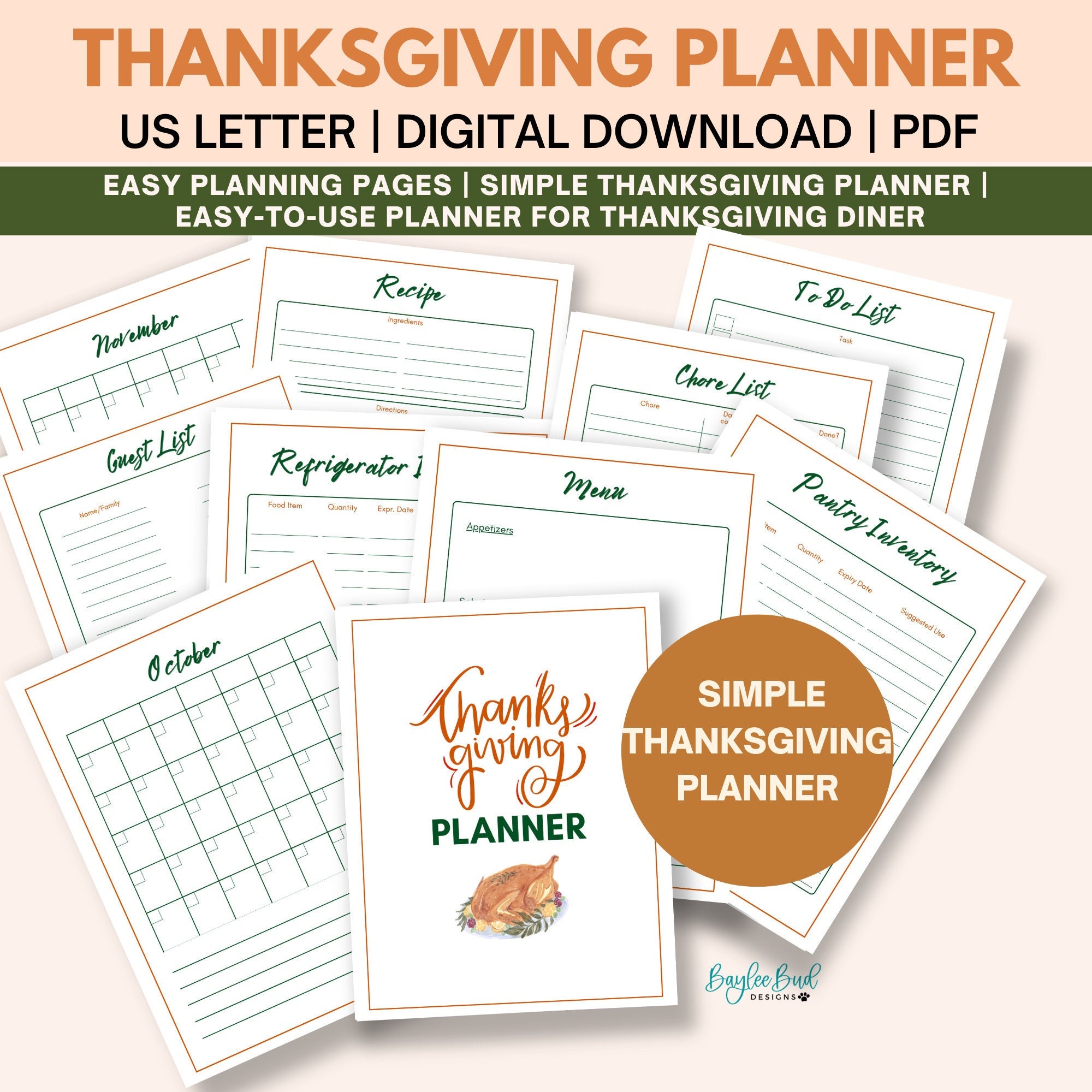 Simple Thanksgiving Planner Printable, Printable Thanksgiving Planner ...