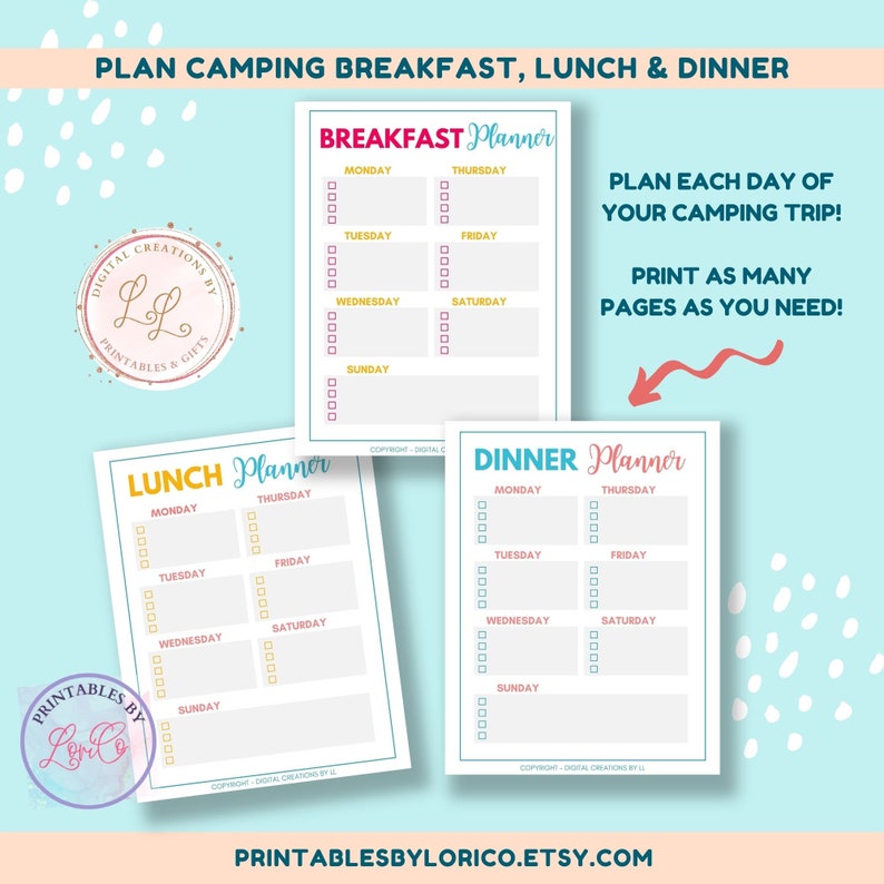 Printable Camping Meal Planner, Camping Shopping List, Weekly Menu ...