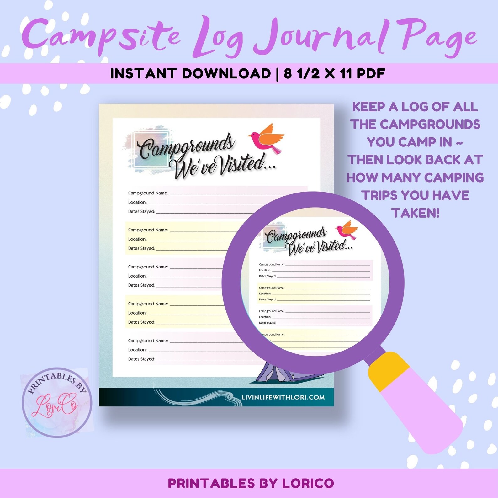 Campground Log, Camping Printable, Printable Campground Log, Campground ...