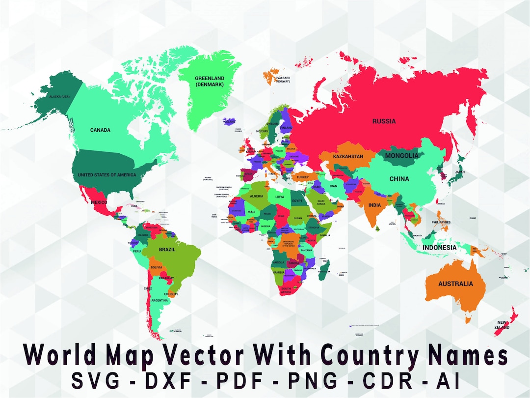 Buy Detailed Map of World With Country Names SVG, DXF, PDF, Ai, Png ...