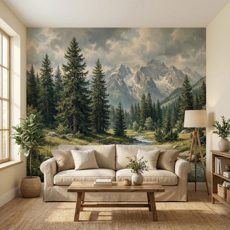 Woodland Majesty Nature Landscape Wall Mural: Forest, Mountain Lake ...