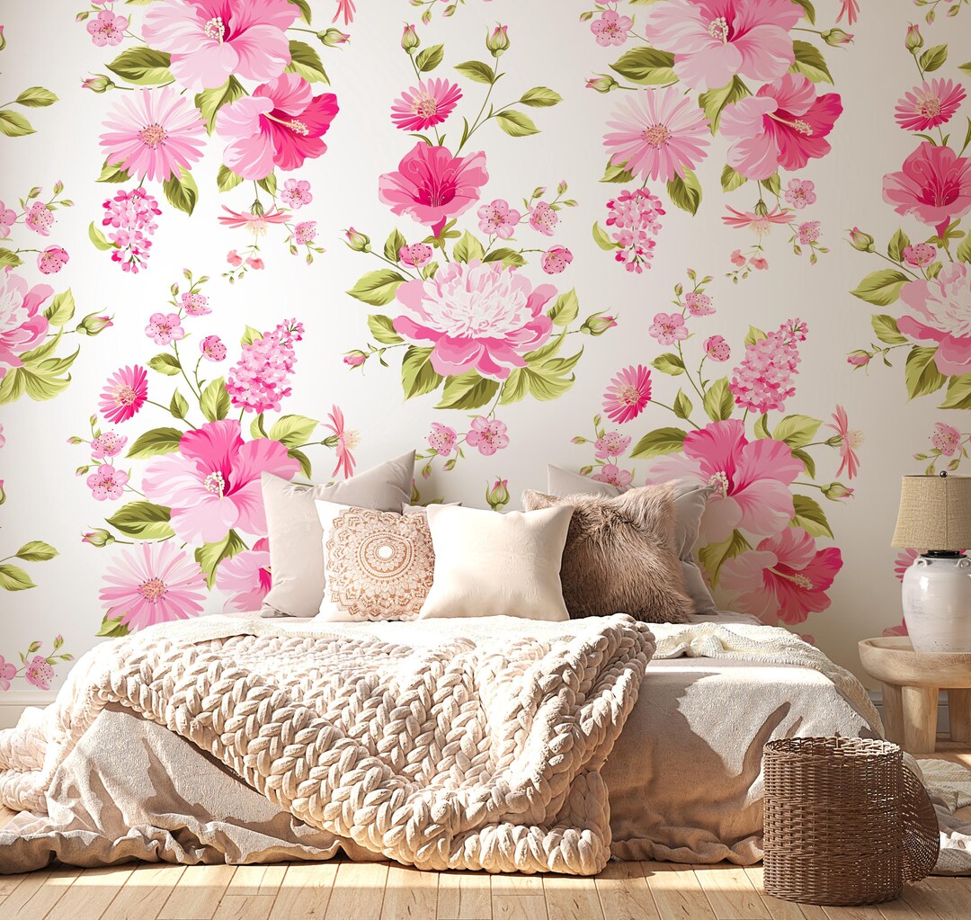 Wildflower Wallpaper, Floral Pink Rose Flower Wallpaper for Kids Room ...