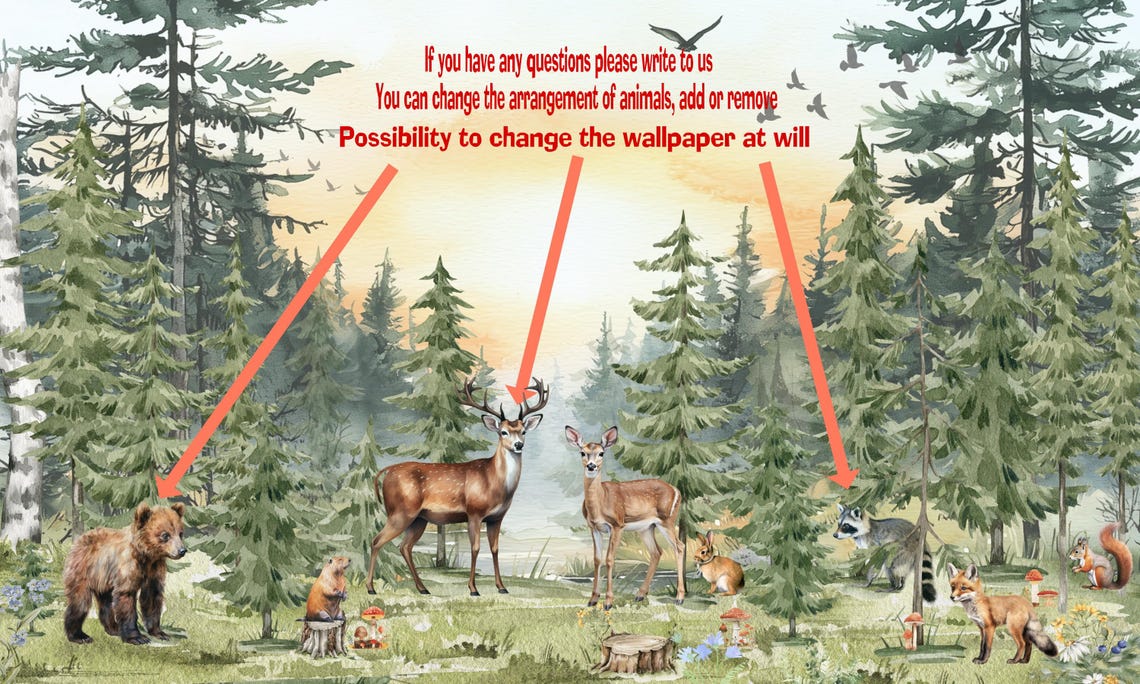 Forest Animals Nursery Wallpaper Woodland Wall Art Watercolor Pine ...