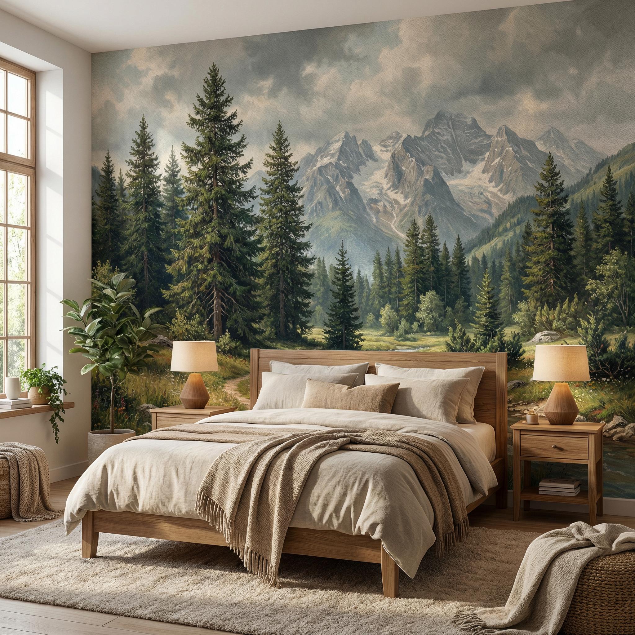 Nature Landscape Wall Mural: Forest, Mountain & Lake. Peel and Stick or ...