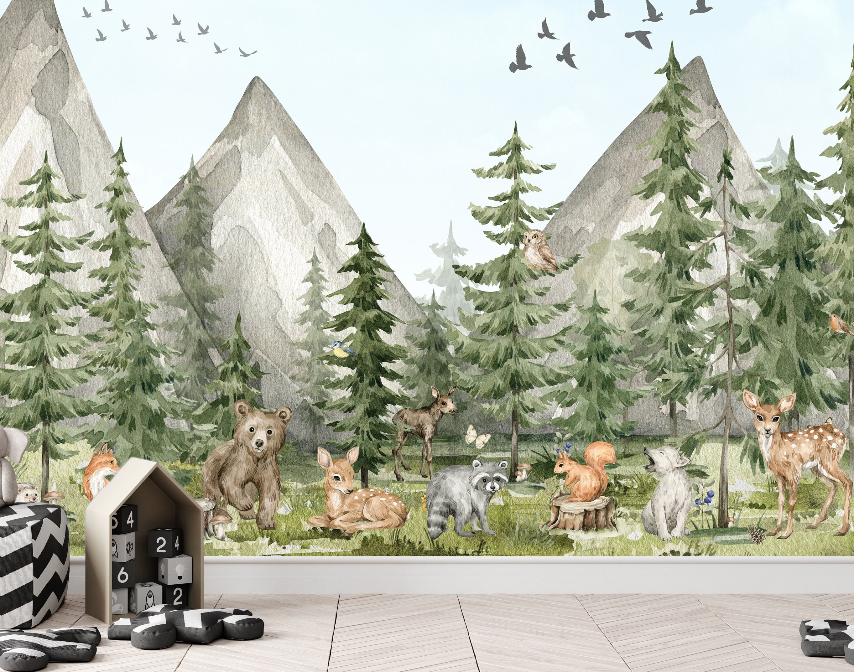 Watercolor Woodland Animals Wallpaper, Mountain Pine Tree Nursery Mural ...